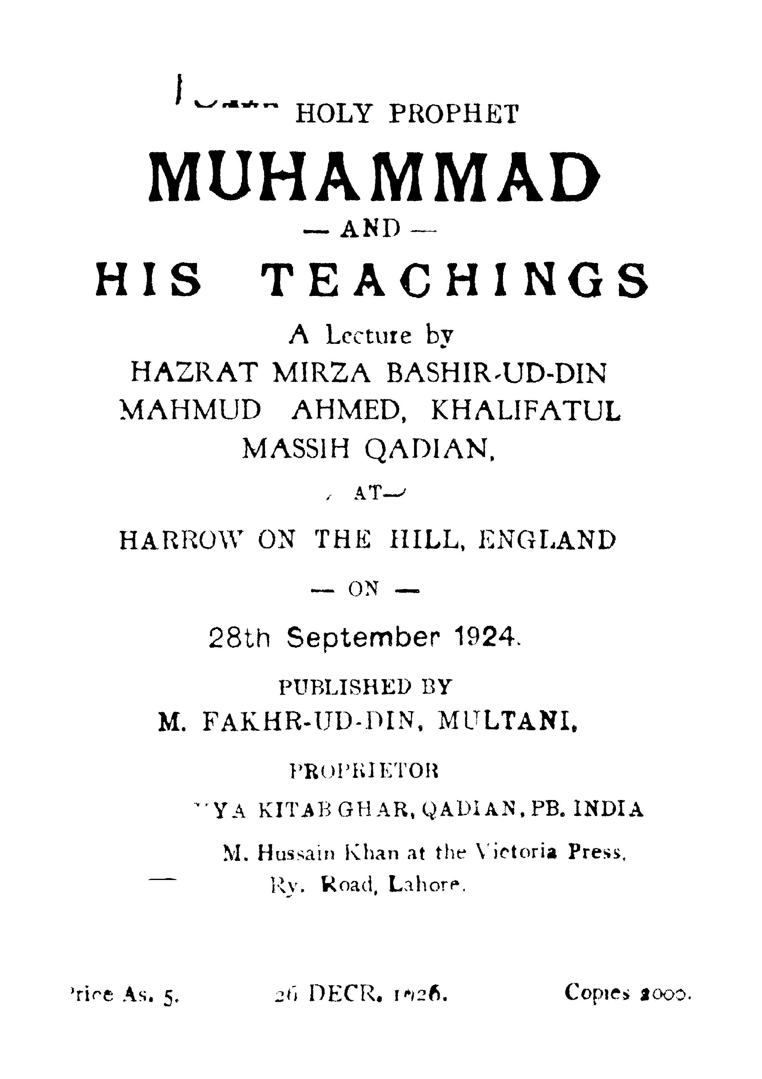 Page 1 of Holy Prophet Muhammad and His Teachings